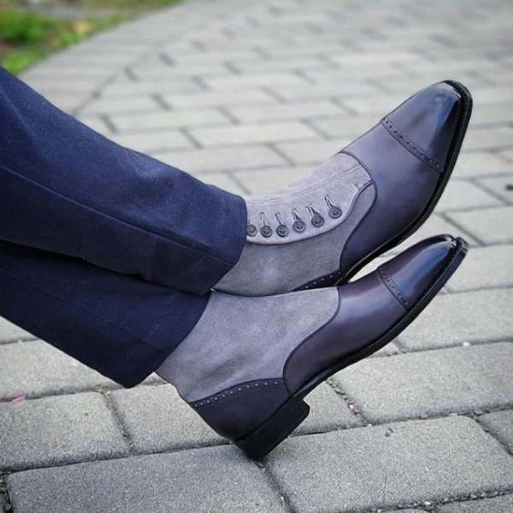 Men's Grey Patina Leather & Suede Button Boots – Elite Solez